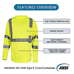 LX Reflective Safety Long Sleeve Shirt - High Visibility, Fast Dry Mesh, Unisex, Yellow, For Work & Outdoor Activities, Class 3