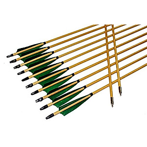 TTFLY FLETCHING 12PK 32 inch Traditional Wooden Arrows Handmade Shaft Green Shield Turkey Feather Practice Archery for Recurve Longbow Hunting Arrows