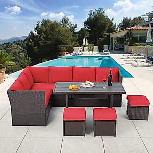 AECOJOY 7 Pieces Patio Furniture Set with Table, Outdoor Patio Furniture, Outdoor Dining Sectional Sofa with Table&Chair, Brown Rattan&Red Cushion