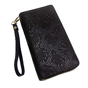 Kollie More Women Wristlet Wallet PU Leather Zipper Purse Long Clutch Travel Hand Pouch Credit Card Holder Organizer (Metallic Leopard-Black 01)