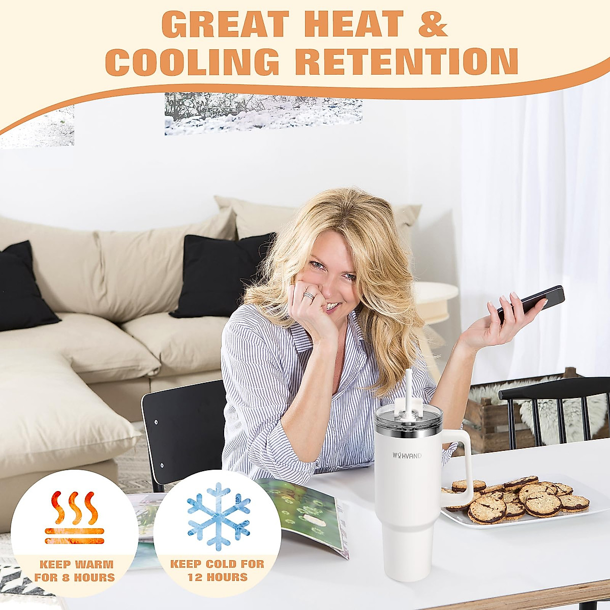 WYHVAND 40 oz Tumbler with Handle, Stainless Steel Insulated Tumbler with Lid and Straw Keeps Drinks Cold and Hot, The Best Birthday Gifts for Family, Friends -Cream