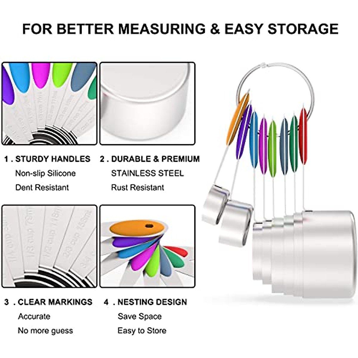 Measuring Cups and Magnetic Measuring Spoons Set, Wildone Stainless Steel 16 Piece Set, 8 Measuring Cups & 7 Double Sided Stackable Magnetic Measuring Spoons & 1 Leveler