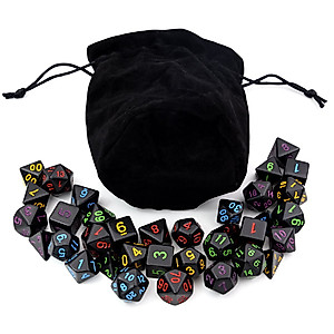 5 Sets New Black Polyhedral Dice with Satin-Lined Velvet Bag for Dungeons and Dragons DND RPG MTG D20 D12 D10 D8 D6 D4