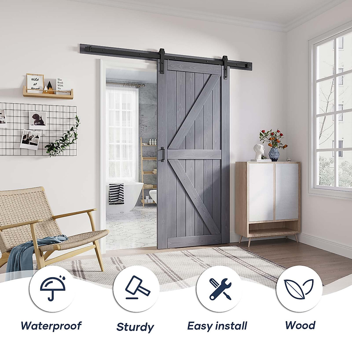 FREDBECK 36in x 84in Gray Barn Door Slab with 6.6ft (79inch) Barn Door Hardware Track Kit and Handle Floor Guide Included, Double Surfaces,Simple Assembly is Required,K-Frame,Grey