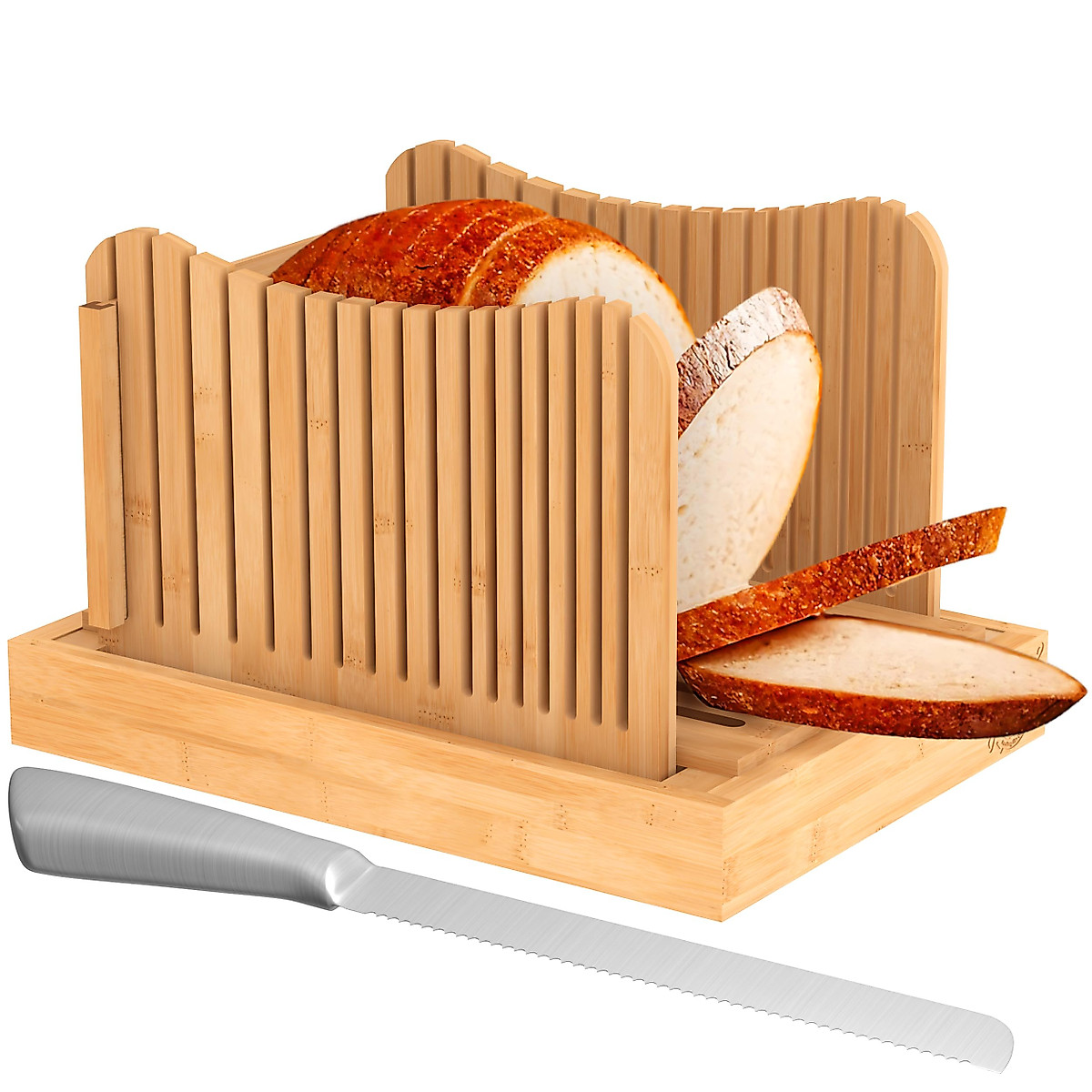 Bamboo Bread Slicer with Professional Bread Knife & Crumb Catcher Tray – Fully Adjustable for 3 Slice Thickness & Extra Tall Cutter Guide – Enjoy Homemade Bread Like Bagel, Sourdough, Cake