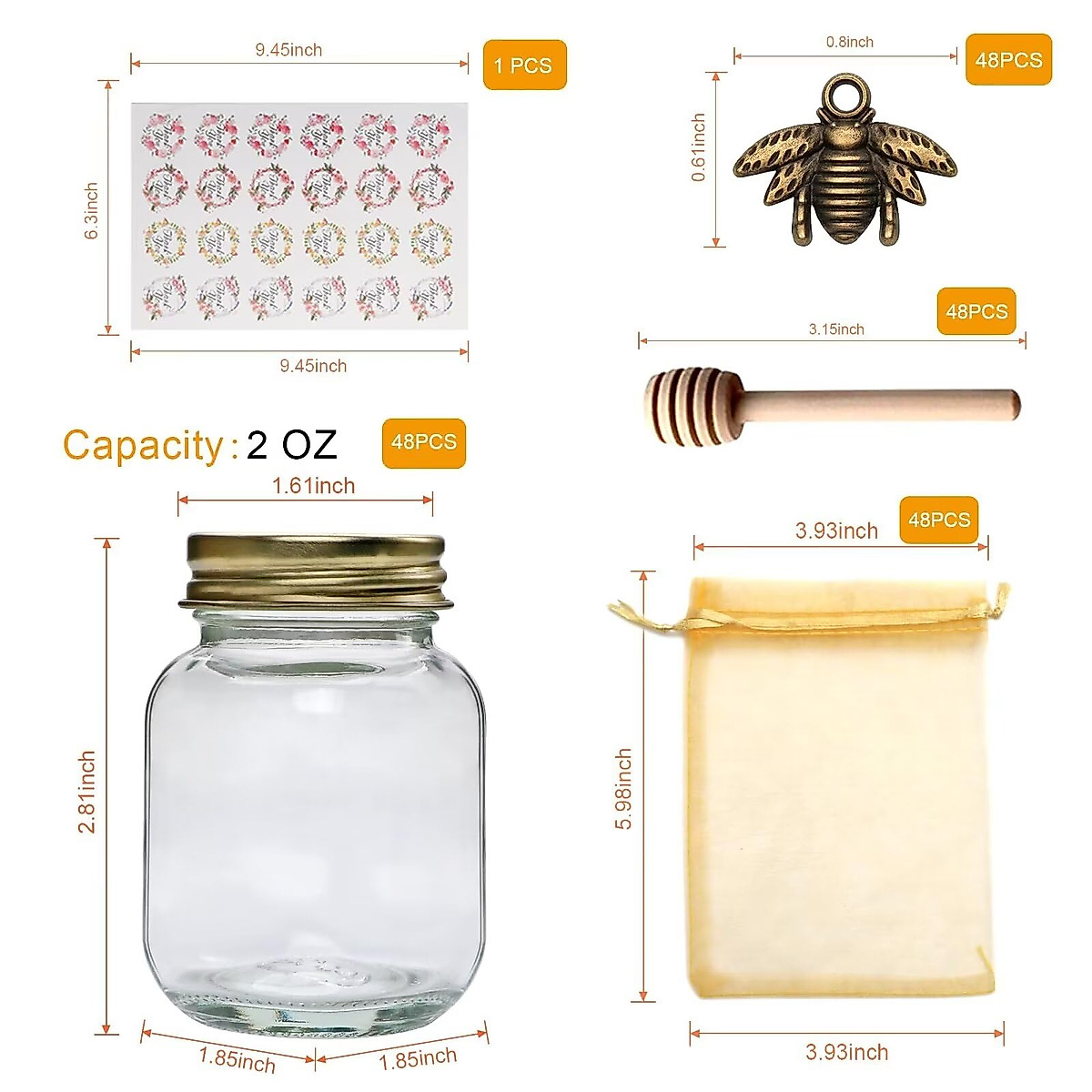Woaiwo-q Mini Honey jars-2 oz, 48 pcs glass honey jars with wooden dipper,Glass Honey jars with lids-Bulk Thank You Gifts,Baby Shower, Wedding Favors,Honey Jars Party Favor