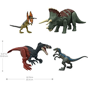 Mattel Jurassic World Dominion Survival Instincts Dinosaur Starter Set, 4 Toy Figures Including Blue, Dilophosaurus & 2 Roar Strikers
