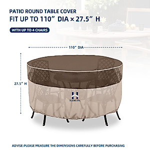 HAMLER Round Outdoor Table Cover, Heavy Duty Outdoor Table Chair Set Covers with Air Vents and Handles, Patio Table Cover Fits up to 110" D x 27.5" H, Brown & Beige