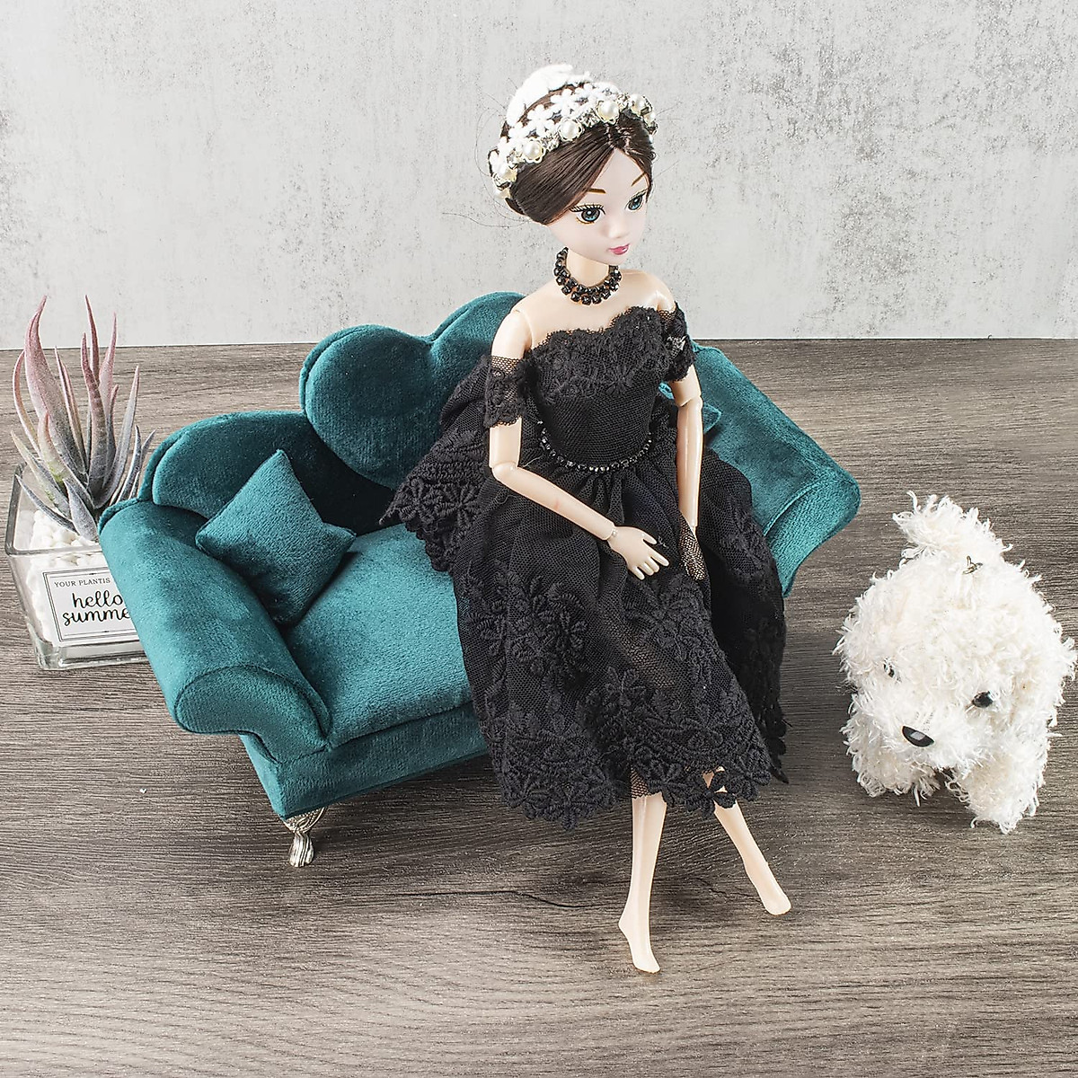 9.8 Inch Openable Dark Green Sofa Jewelry Box Armchair for Dollhouse Heart Shape Velvet Chair 1/6 Scale Dolls Accessories