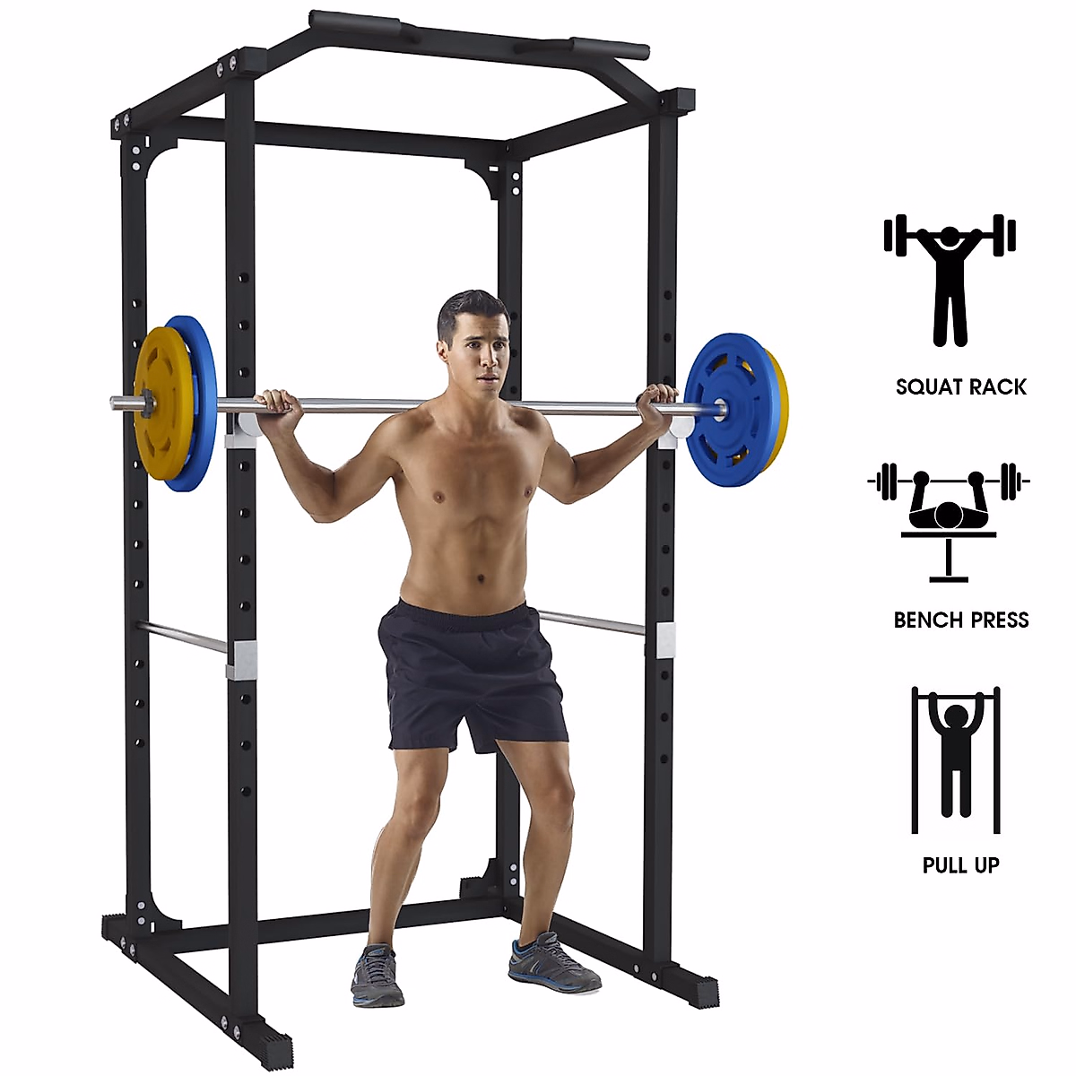 PayLessHere Multifunctional Squat Rack Power Cage with/Pull-Up Bar, J-Hooks, Safety Bars for Home Gym Use