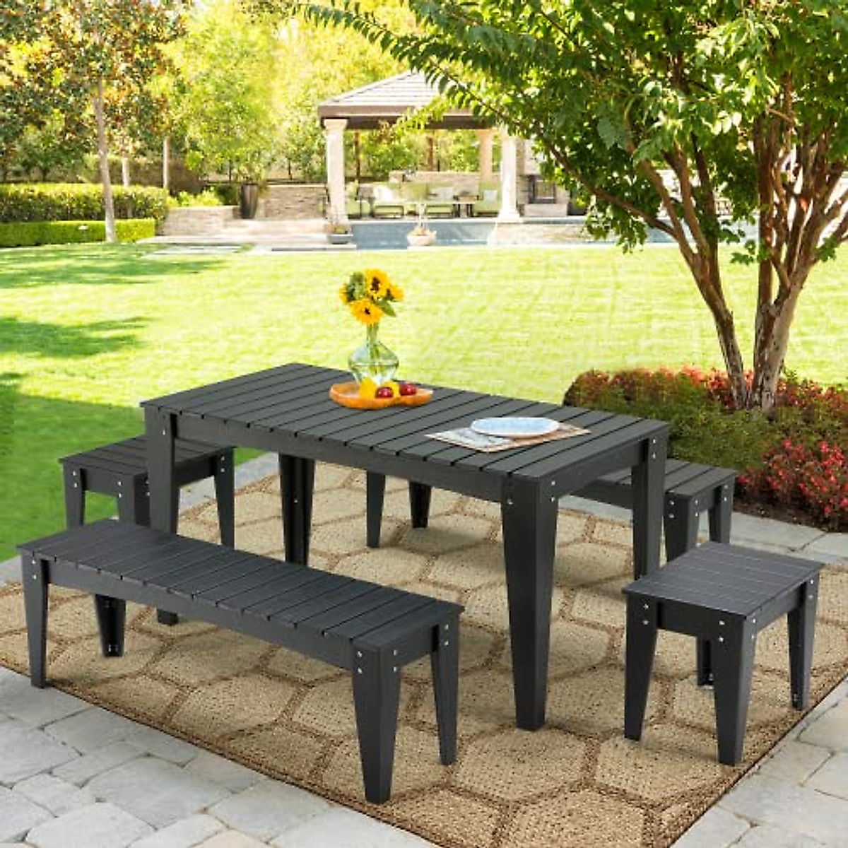 Erinnyees HDPE 5 Piece Patio Dining Set, Outdoor Table Bench Furniture Set with 1 Rectangle Dining Table, 2 Double Benches, and 2 Single Stools, for Backyard, Porch, Lawn, and Garden