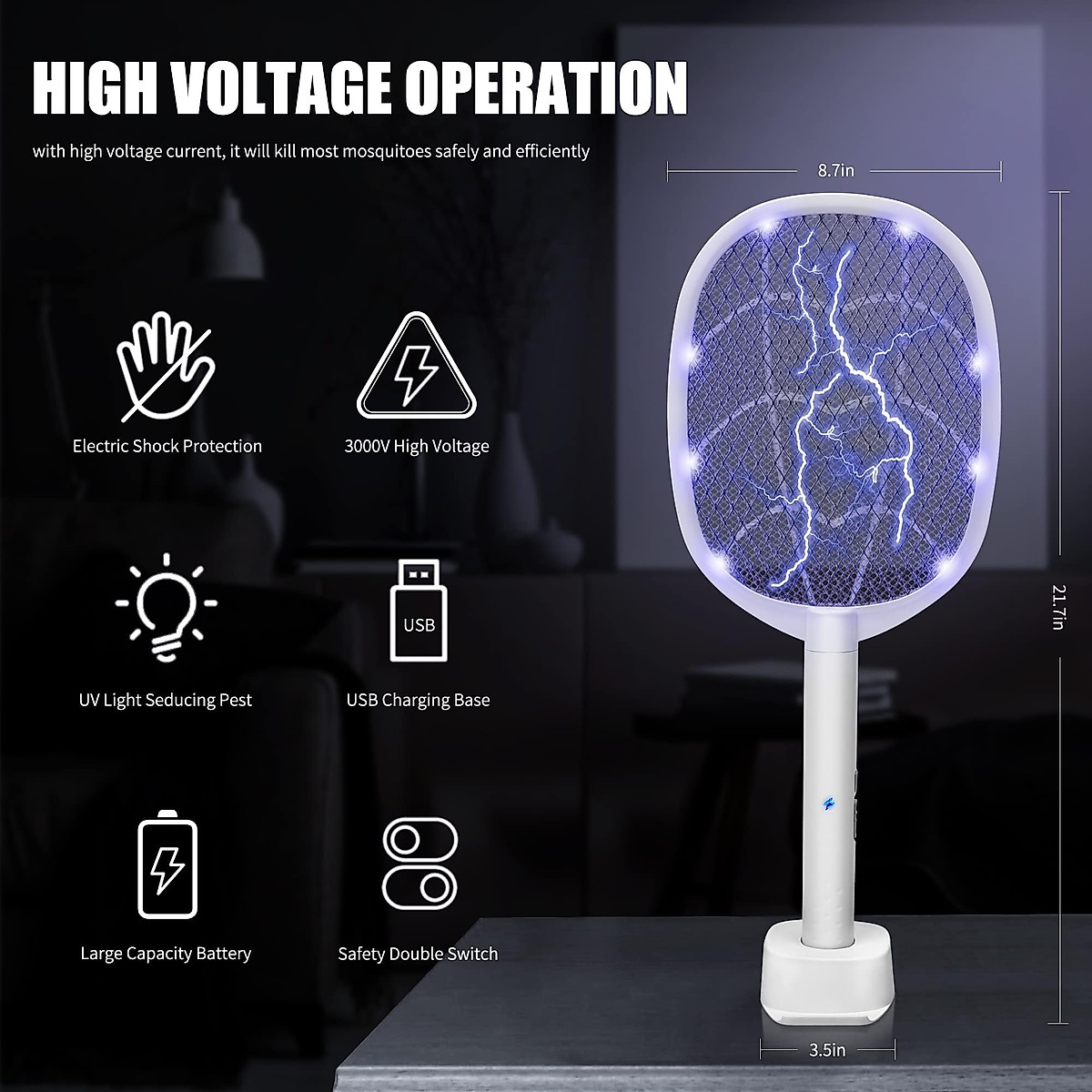 Lulu Home 2-in-1 Electric Bug Zapper Racket, 3000V High Voltage LED ...