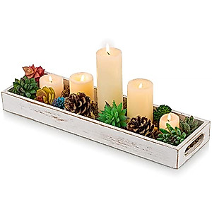 Hanobe Decorative Wooden ServingTray: Rustic Long Narrow Centerpiece Farmhouse Wood Candle Holder Trays with Cutout Handles Rectangular Coffee Table Tray for Living Room Kitchen Home Decor, White