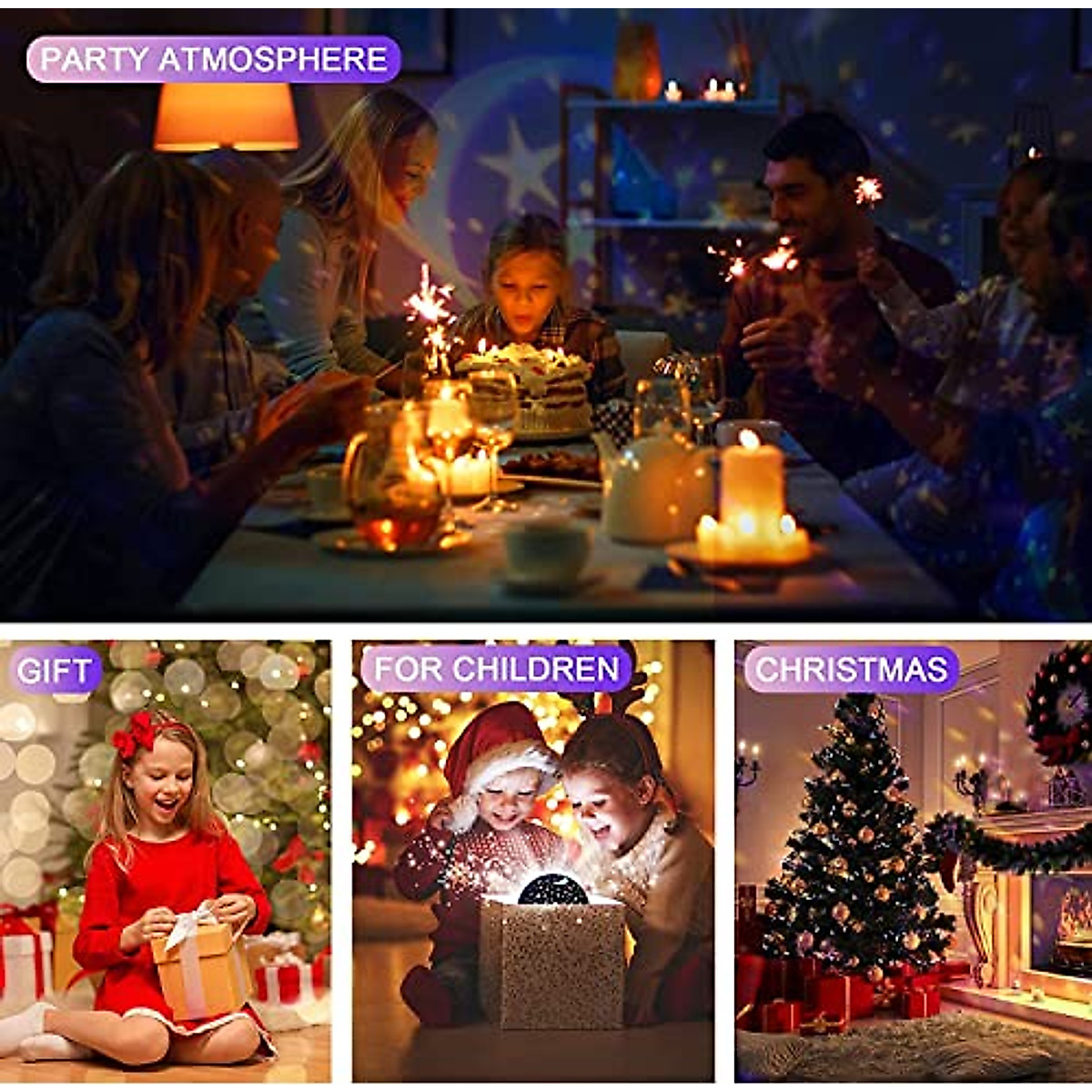 Baby Night Lights Christmas, Moon Star Projector - 4 LED Bulbs 8 Light Color Changing with USB Cable 360 Degree Rotation, Romantic Night Lighting Lamp for Birthday Nursery Women Children Kids Baby
