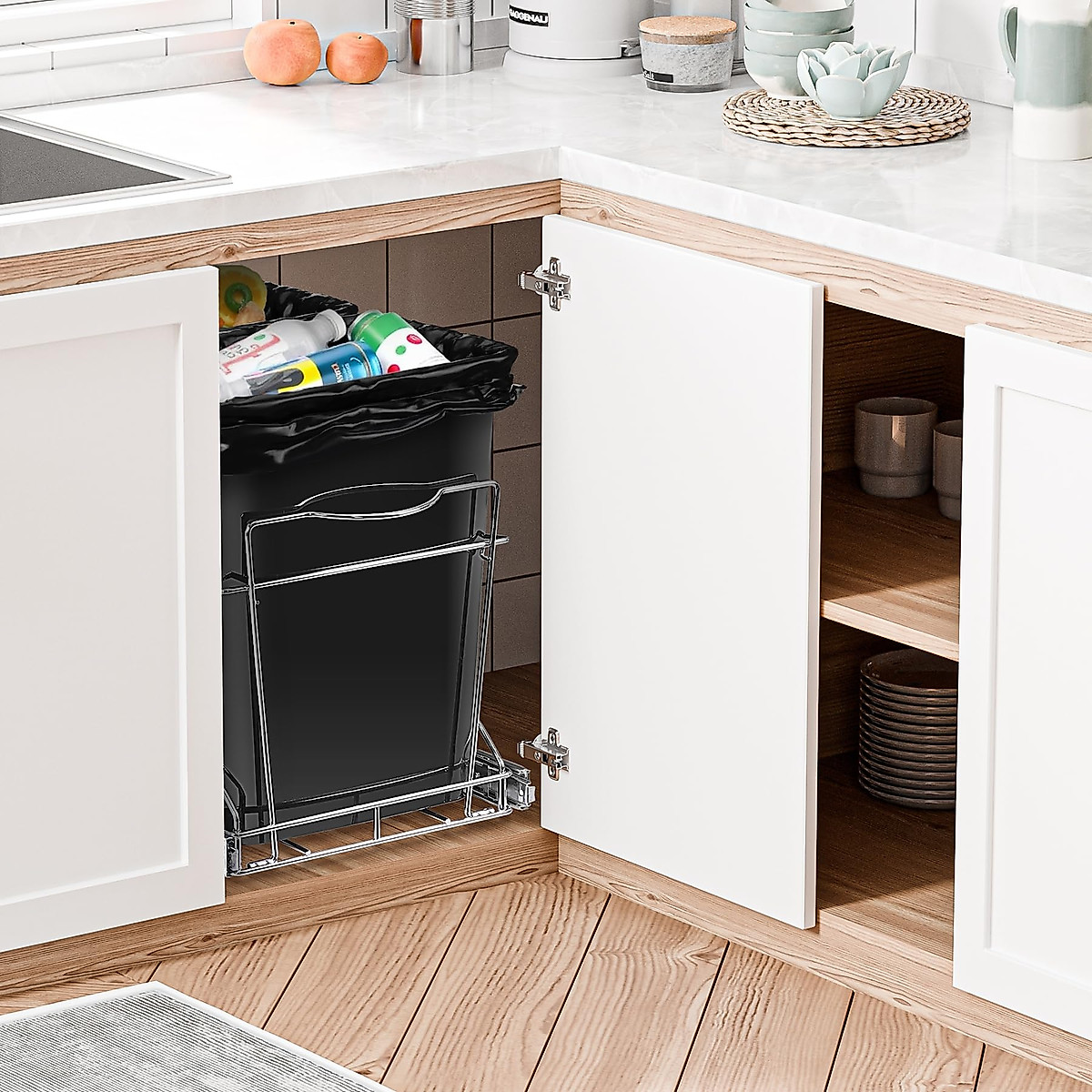 JupiterForce Double 35 Quart Sliding Pull Out Garbage Recycle Bin Kitchen Trash Can Container Under Cabinet Design for Home Kitchen, Black