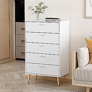 ECACAD Modern Dresser with 5 Drawers, Wood Dresser Storage Chest with Gold Metal Legs for Bedroom, Living Room, White (27.4”L x 15.6”W x 44.9”H)