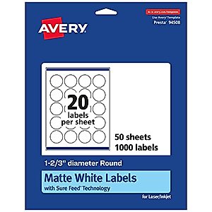 Avery Matte White Round Labels with Sure Feed, 1-2/3" diameter, 1,000 Matte White Printable Labels