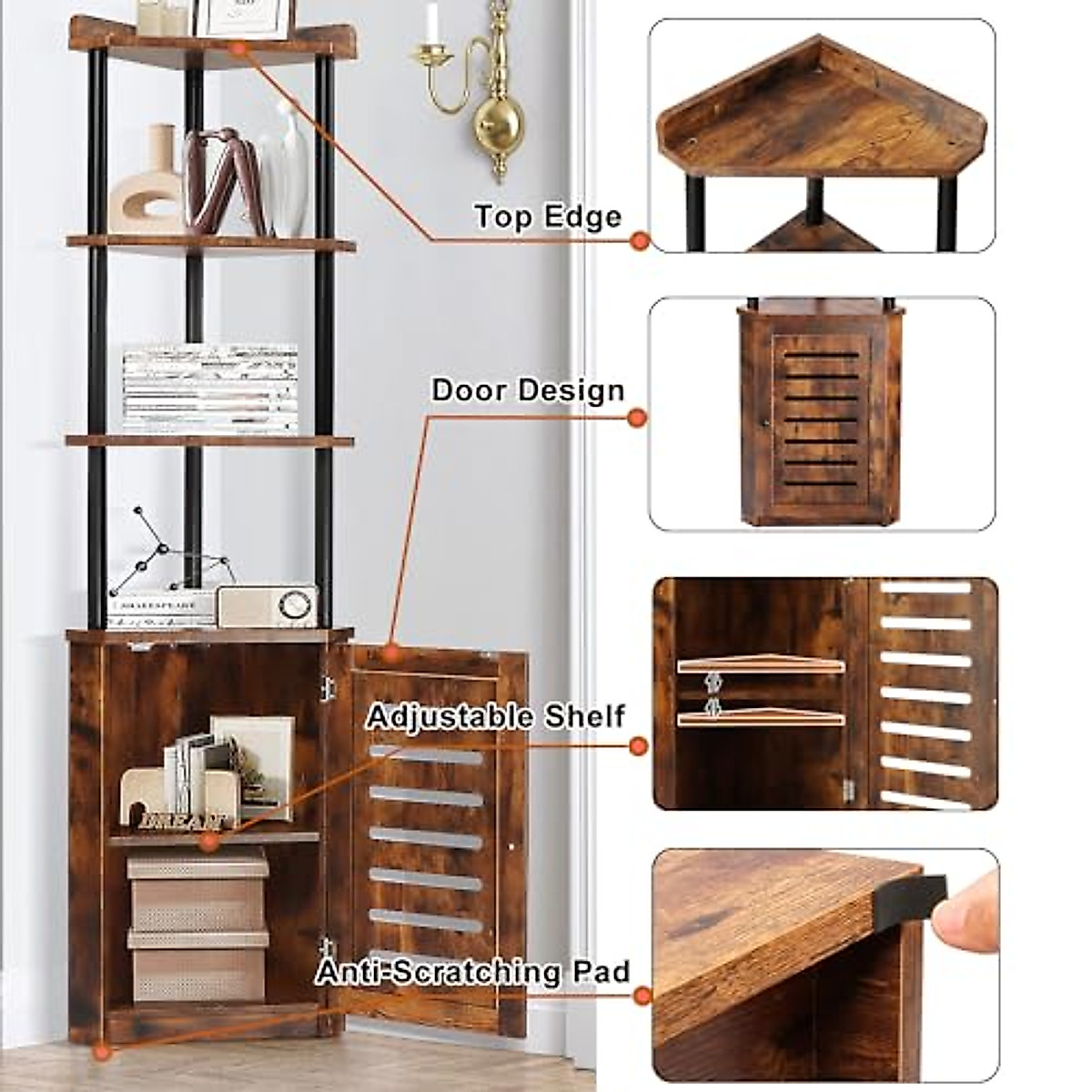 Timberer 6-Tier Corner Shelf with Storage, Corner Bookshelf, 74.2" Tall Corner Stand Display Storage Rack for Living Room, Home Office, Kitchen, Bar, Small Space, Rustic Brown and Black