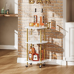 HOOBRO Bar Cart Gold, Home Bar Serving Cart, Rolling Beverage Cart with Wine Rack and Glass Holder, 3-Tier Wine Cart for Kitchen, Dining Room, Living Room, Parties, Gold and White WD31TC01