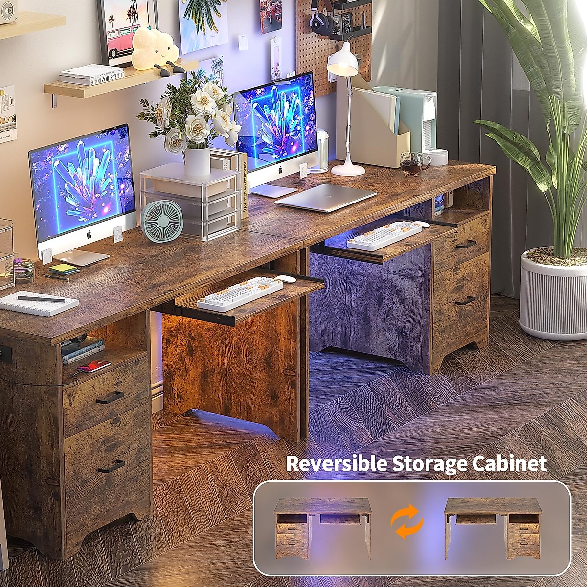 Hyomdeck Office Desk with File Cabinet, 55 Inch Reversible Computer Desk with Smart LED Light and Power Outlet, Sturdy Gaming Desk with Keyboard Tray & Storage Drawers, Easy to Assemble, Rustic Brown
