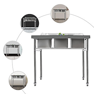 Florchest Standing Three Bowl Kitchen Sink Set, 3 Compartment Commercial Kitchen Sink Stainless Steel/Garage Prep & Utility Sink for Restaurants Kitchen, Laundry Room,Outdoor