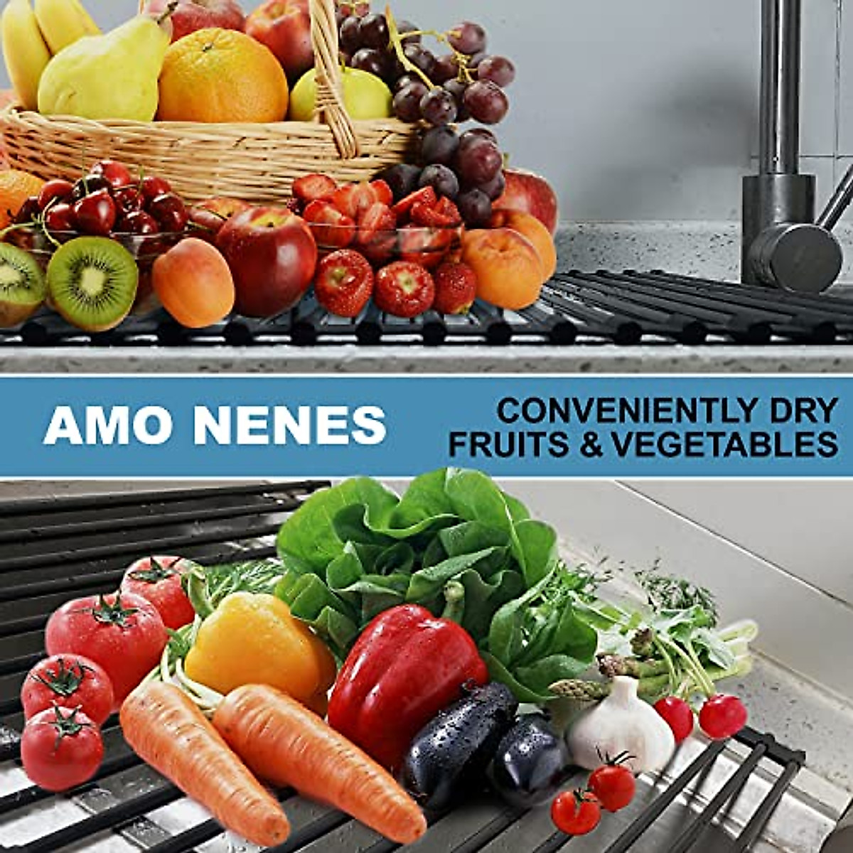 amo nenes Roll-up Dish Drying Rack, Over The Sink Kitchen Rolling Sink Rack, Multipurpose Dry Rack Dish Drainer, Stainless Steel Foldable Dish Drying Rack for Sink Counter(17.4" x 13.1")
