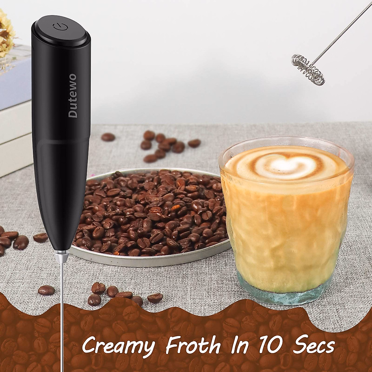 Hand Mixer Milk Frother for Coffee - Coffee Bar Accessories, Dutewo Frother Handheld Foam Maker for Lattes, Electric whisk Drink Mixer for Coffee, Mini coffee stirrer for Frappe Hot Chocolate, Black