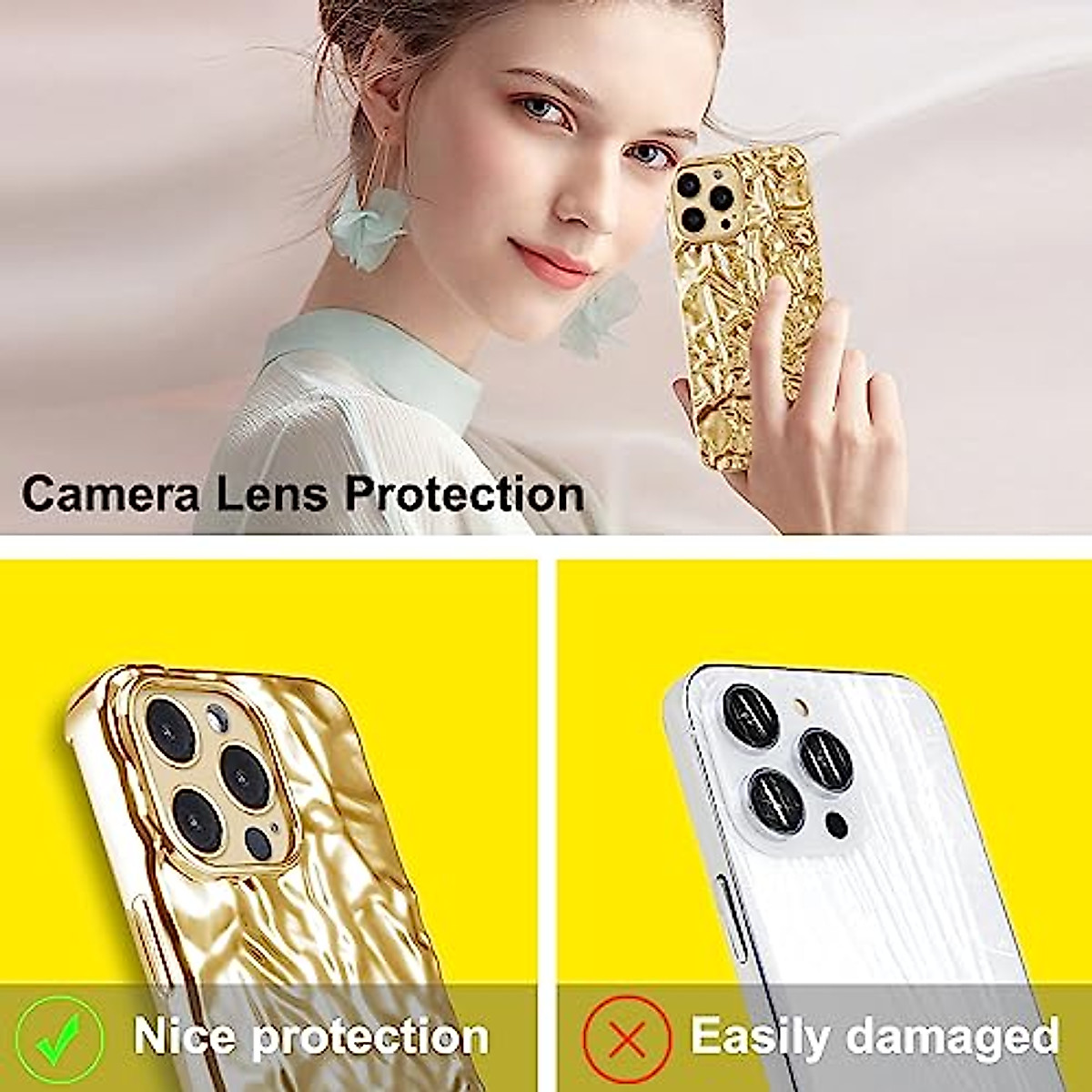 Yebowe Compatible with iPhone 13 Pro Max Case, Cute 3D Tin Foil Pleated Luxury Phone Cover for Women Girls Shiny Bling Designer Soft Silicone Case for iPhone 13 Pro Max, Gold