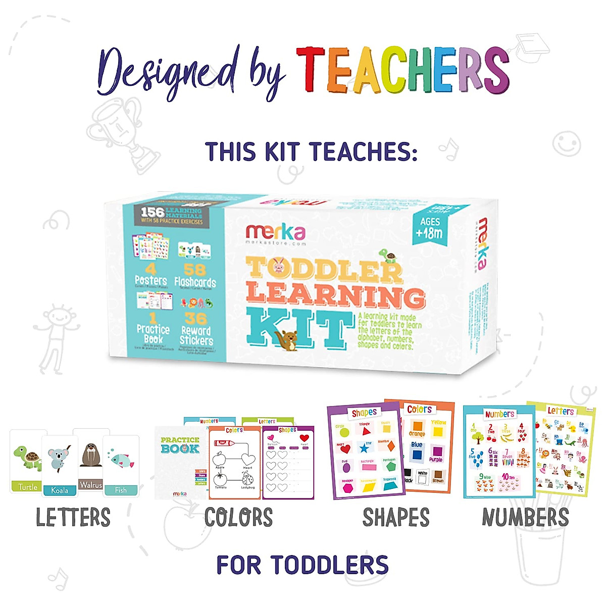 merka Toddler Flash Cards ABC Flash Cards Toddler Learning Flash Cards Preschool Homeschool Curriculum Kit Practice Book Sticker Set and Posters Learning Letters Numbers Shapes and Colors