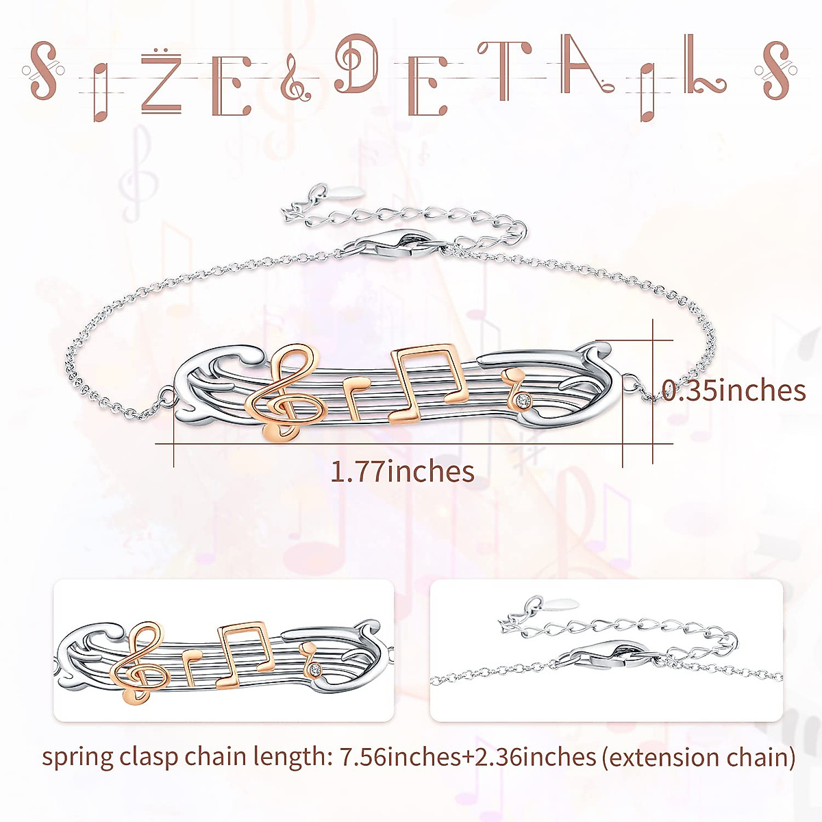 ASLBUNM Music Bracelet S925 Sterling Silver Music Note Love Heart Adjustable Link Musical Jewelry Christmas Gift for Women Music Lover