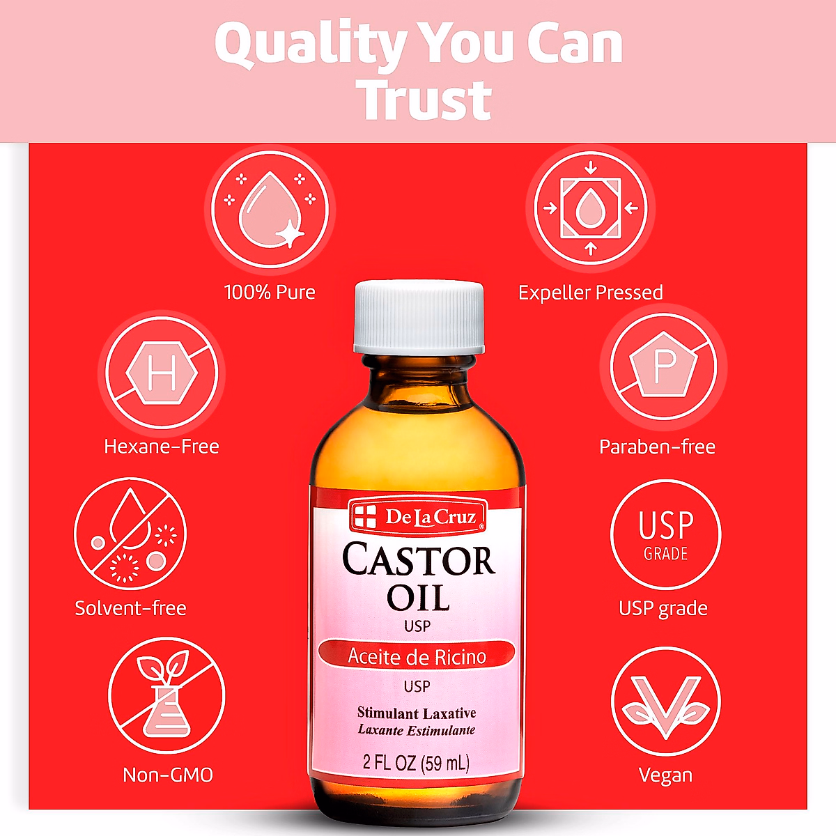 De La Cruz Castor Oil - 100% Pure Castor Oil for Hair, Skin, Eyelashes, and Eyebrows - USP Grade, 2 FL Oz