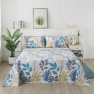 Lemfux Twin Sheet Sets 4Pcs,100% Cotton Palm Leaf Print Plant Luxury White Bed Sheet Sets, Deep Pocket Fitted Sheet Set, Ultra Soft Flat Sheet Set for All-Season Bed Sheets Twin