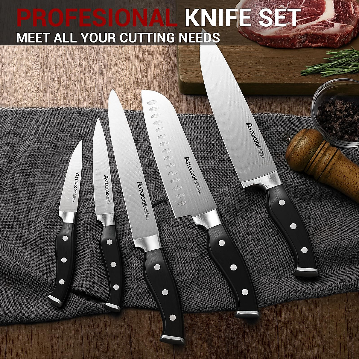 Knife Set, Astercook 15 Pcs Triple Rivet Kitchen Knife Set High Carbon Stainless Steel Knife Sets for Kitchen with Block, Dishwasher Safe, Black