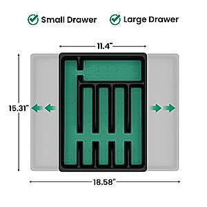 Sanduby Silverware Organizer, Expandable Silverware Tray for Drawer, 8 Compartments Cutlery Organizer in Drawer Silverware tray, No-Slip Large Utensil Drawer Organizer for Flatware, Black with Green
