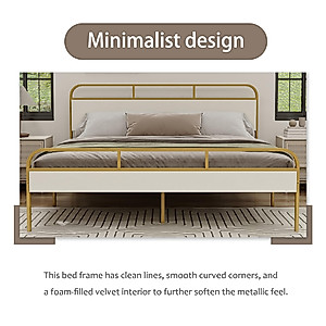 alazyhome Modern King Size Bed Frame, Metal Platform Bed with Velvet Upholstered Headboard, Steel Slats Support, Noise Free, Under-Bed Storage, Easy Assembly, Gold