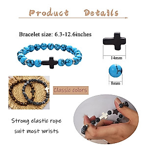 Svovin 12Pcs Fashion Religion Cross Men Women 8mm Natural Stone Lava Tiger Eye Stretch Anxiety Bracelets Unisex 7.5"