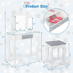 INFANS Kids Vanity, 2 in 1 Princess Makeup Table and Chair Set with Tri-Folding Detachable Mirror 10 Accessories Wooden Dressing Table, Beauty Pretend Play Vanity Set for Toddler Girls Gift (White)