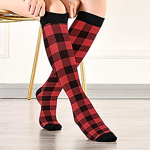 Compression Socks for Men and Women Circulation Wide Calf Knee High Socks Support for Running Medical Travel, Buffalo Plaid Red Black, 1 Pairs