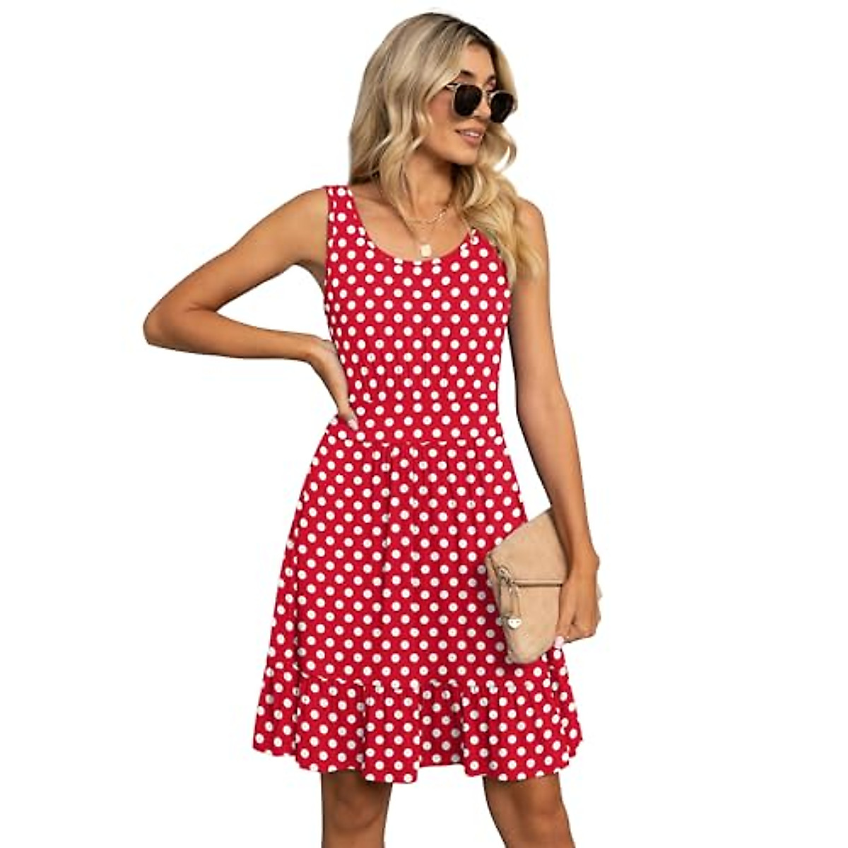 LILBETTER Women's Beach Dresses for Women Casual Summer Sexy Knee Length Mini Dresses(F Red Polka Dot, XX-Large)