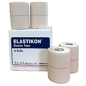 Johnson & Johnson Elastikon Elastic Tape, 3" x 2.5 Yards, (3" x 5 Yards Stretched), Reliable Compression for Support of Sprains, Strains, and Muscle Injuries, Case of 4 Rolls