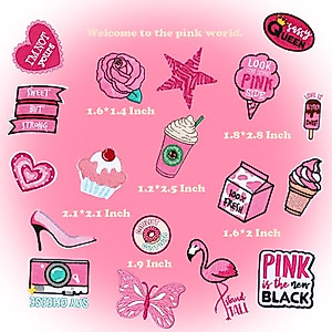 Jefuzh 20PCS Girl Themes Iron on Patches, Embroidered Appliqué Pink Iron on Patches for Clothes, Hats, Jeans, Skirts, Backpacks, Etc