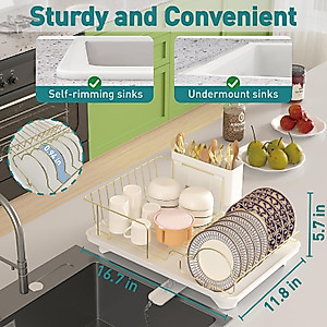 Buruis Dish Drying Rack, Gold Dish Drainer Organizer Includes Removable Drain Board and Utensil Holder, Large Capacity Metal Dish Racks for Kitchen (White)