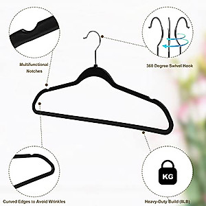 Quality Hangers 50 Pack Slim Plastic Hangers for Clothes - Heavy Duty Non-Velvet Hangers with 360° Swivel Chrome Hook & Non Slip Notches - Ideal for Dresses Coats Shirts Jackets & More - Black