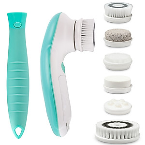 Fancii 7 in 1 Electric Waterproof Facial & Body Cleansing Brush Kit with Handle and 6 Brush Heads - Best Advanced Spin Brush Scrub System for Face & Body (Aqua)