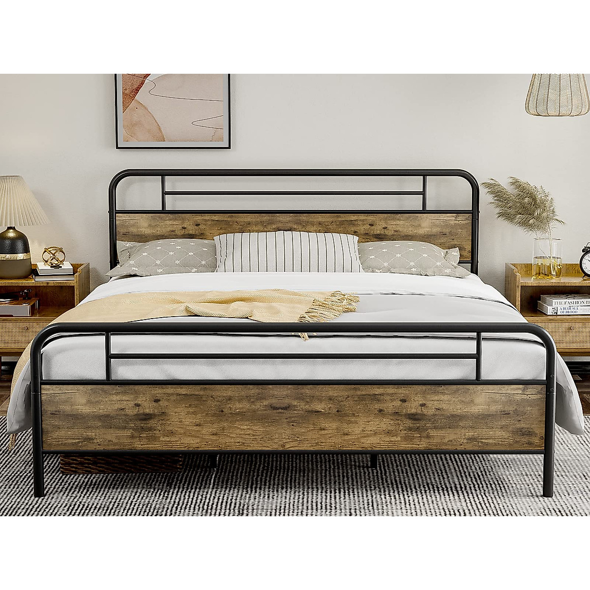 IKIFLY California King Bed Frames with Wood Headboard Footboard, Farmhouse Metal Cal King Platform Bed, Heavy Duty Steel Slats, 12" Under Bed Storage, Noise Free, No Box Spring Needed - Rustic Brown