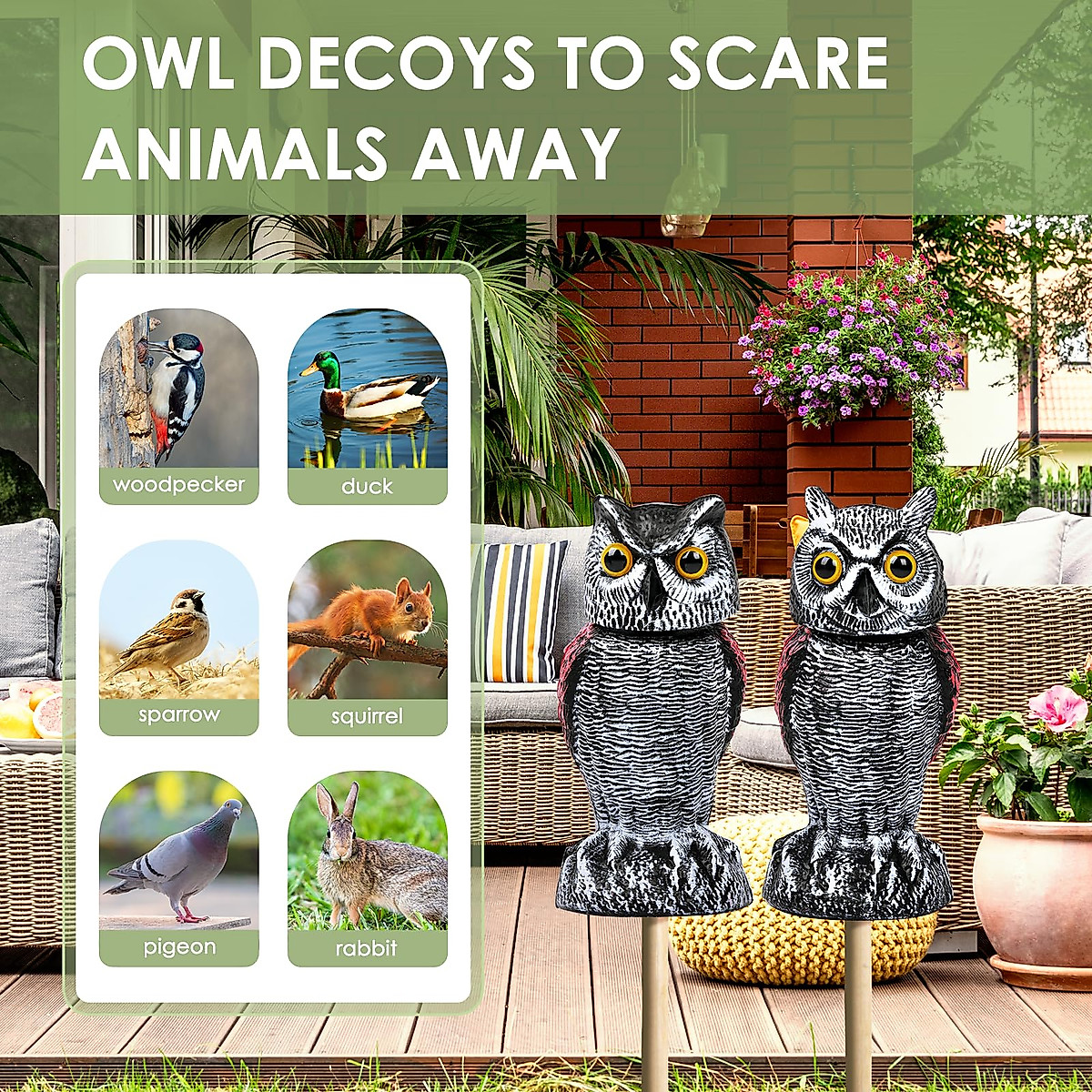 SETCADE Owl Decoy to Scare Birds Squirrels Away, Rotating Head Plastic Fake Garden Owl Statue, Halloween Decorations Outdoor, Owl Scarecrow Bird Deterrents for Outside Garden Orchard Courtyard 2 Pack