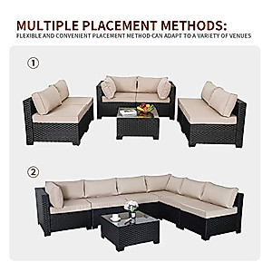 Valita 7 Piece Outdoor PE Wicker Furniture Set, Patio Black Rattan Sectional Sofa Couch with Washable Khaki Cushions…