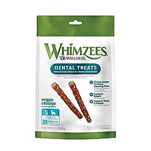 WHIMZEES Natural Grain Free Daily Dental Long Lasting Dog Treats, Veggie Sausage, Small, Bag of 28