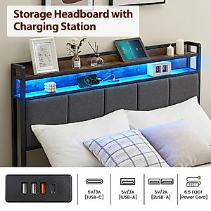 IDEALHOUSE Full Bed Frame with 2-Tier Storage Headboard, Upholstered Platform Bed Frame with 2 Storage Drawers, Built in Charging Station & LED, Noise-Free/Metal Support/No Box Spring Needed, Grey