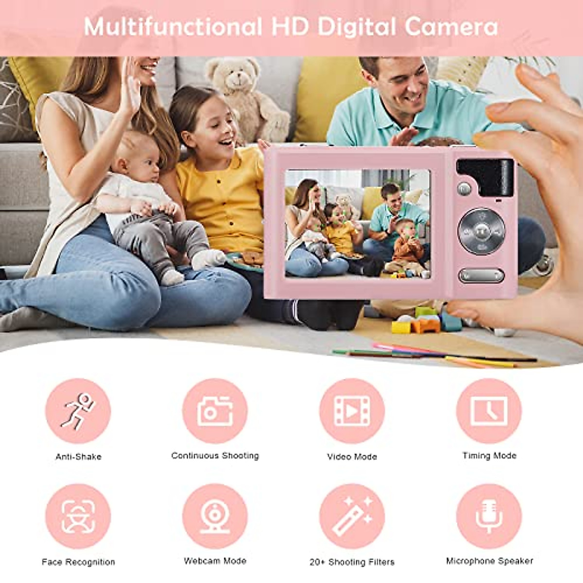 48MP Mini Kids Digital Camera for Girls,Teens,Beginners 4K 16X Zoom Compact Digital Video Camera Small Children's Camera for Photo Camera with Macro-Altruewit (Pink)